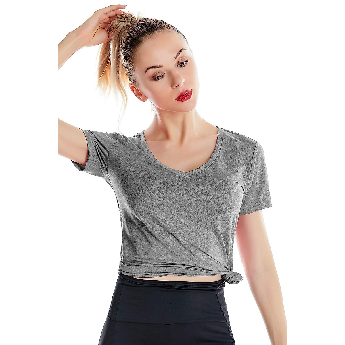 Zengjo Exercise Shirts Women Quick Dry V Neck(Heather Grey,S)