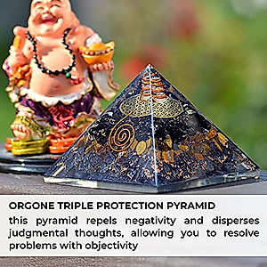 Orgonite Crystal Triple Protection Orgone Pyramid with Black Tourmaline, Tiger Eye and Hematite Crystals – Flower of Life Pyramid Dispels Negative Energy to Promote Luck and Prosperity
