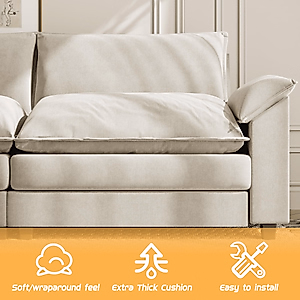 Shahoo Sectional Modular Sofa L Shaped Chenille Fabric Couch with High Supportive & Soft Sponges and Removable Ottoman, Sleeper Comfy Upholstered Furniture for Living Room, White