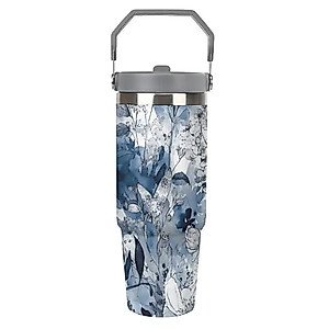 Aqua Blue Floral Pattern Tumbler 30oz Large Capacity Car Cup with Handle Fit in Any Car Cup Holder Stainless Steel Leakproof Insulated Coffee Tumblers with Lid And Straw