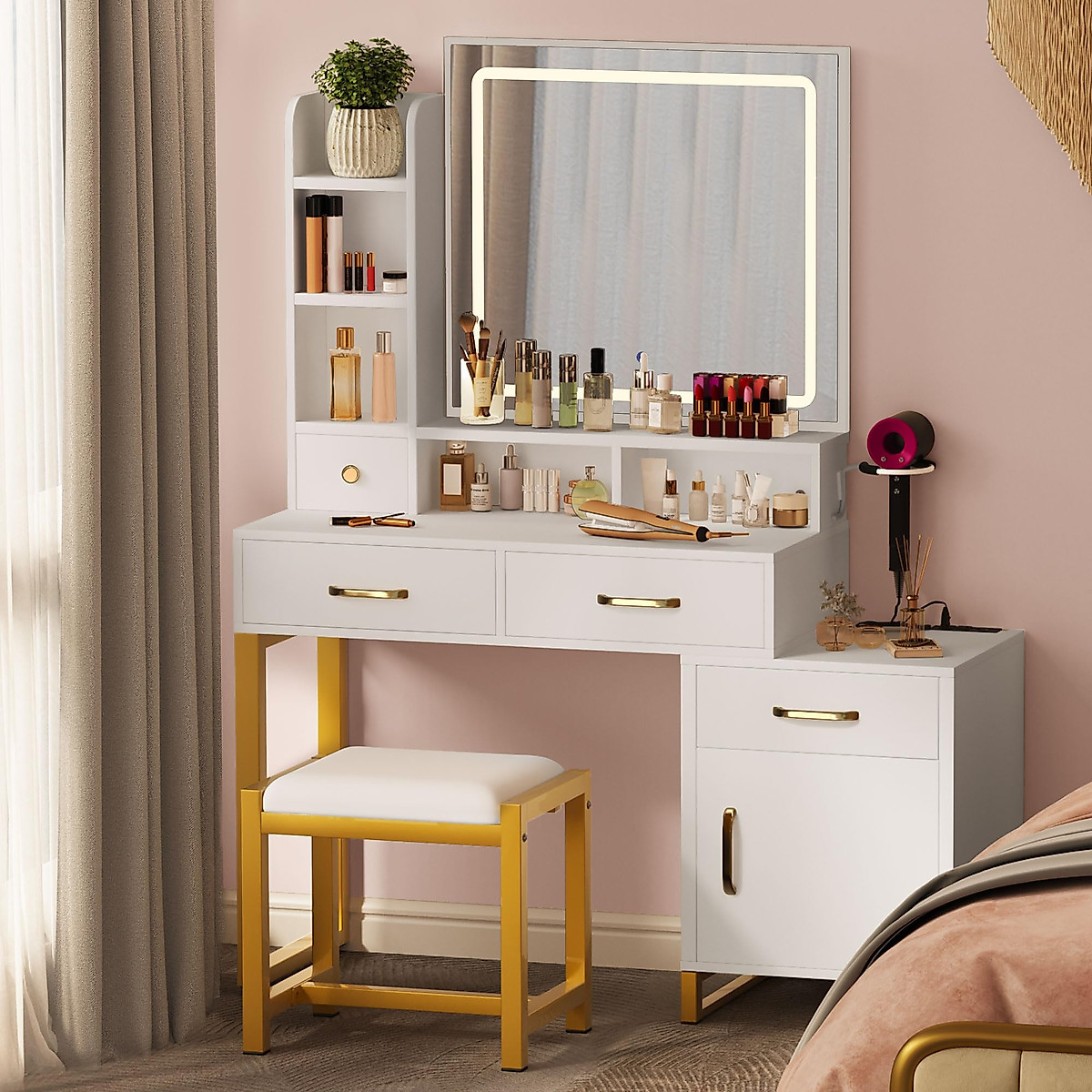 DWVO 43" Vanity Desk with Mirror, Lights, and Power Outlet, Makeup Vanity Set with Adjustable 3-Mode Lighting, Vanity Desk with Multiple Storage Options, and Stool, Bedroom Beautification, White