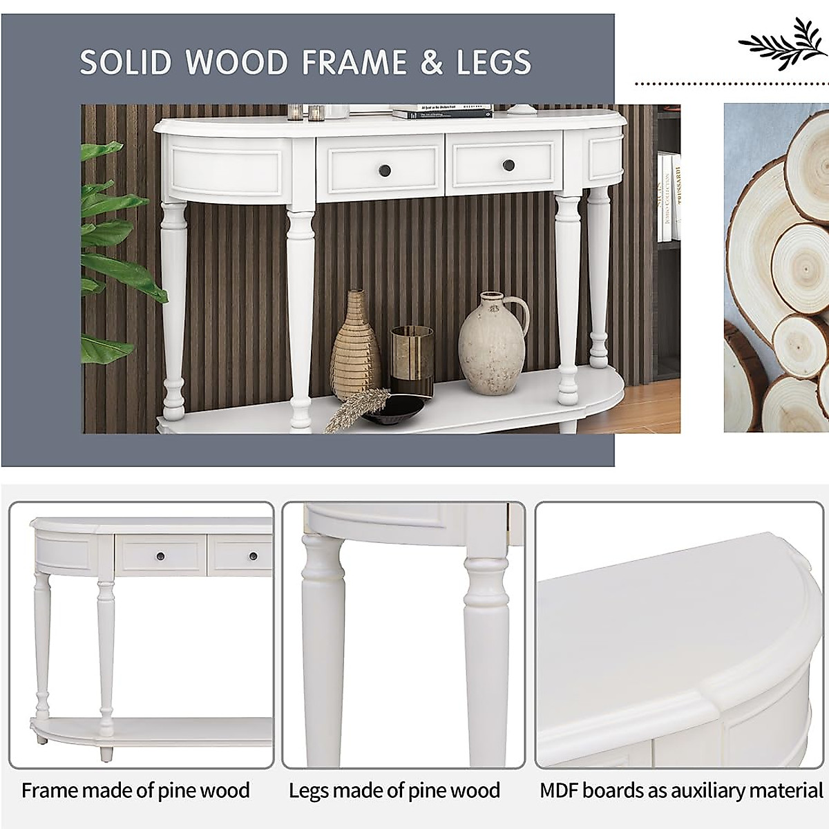 Retro Circular Curved Design Console Table with Open Style Shelf Solid Wooden Frame and Legs Two Top Drawers Ample Storage, Shape Console Table for Hallway Living, Dining Room (Antique White)