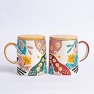 Taimei Teatime Ceramic Coffee Mug with Lid, Mug Set of 2, 17.6oz Coffee Mug with Handle, Large Mug for Coffee Latte, Tea, Handpainted Floral Mugs for Women, Dishwasher Safe and Microwaveable