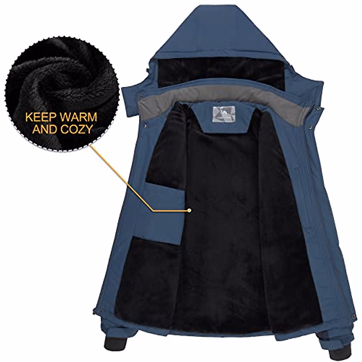 CAMEL CROWN Men's Mountain Snow Waterproof Ski Jacket Detachable Hood Windproof Fleece Parka Rain Jacket Winter Coat Gray Blue L