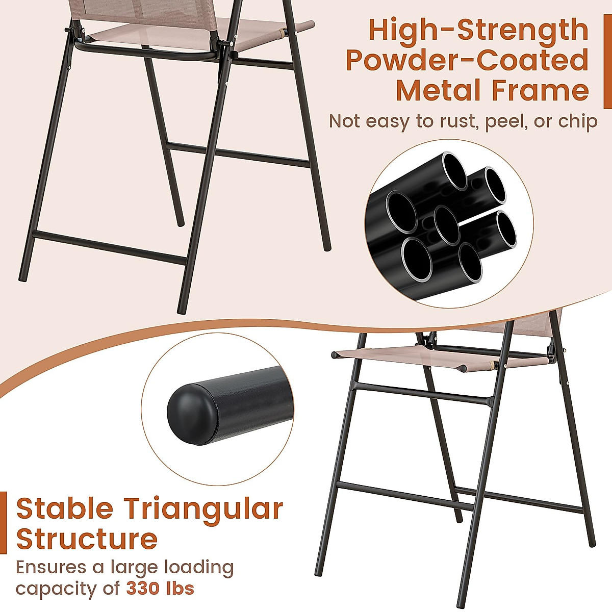 Tangkula Outdoor Folding Bar Stool Set of 4, Patio Dining Chairs w/Breathable Fabric & Metal Frame, Outdoor Bar-Height Stools w/Armrests, Portable Bar Chairs for Backyard Poolside Balcony