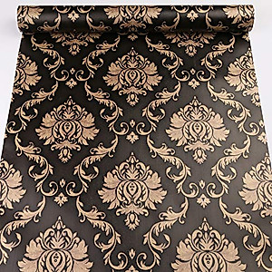HOYOYO 17.8 x 118 Inches Self-Adhesive Shelf Liner, Self-Adhesive Shelf Liner Dresser Drawer Paper Wall Sticket Home Decoration, Black Gold Damask