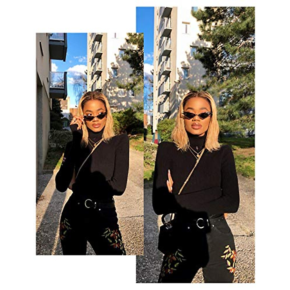 Armear Small Cateye Sunglasses Futuristic Rimless Mirrored Lens Black 63mm