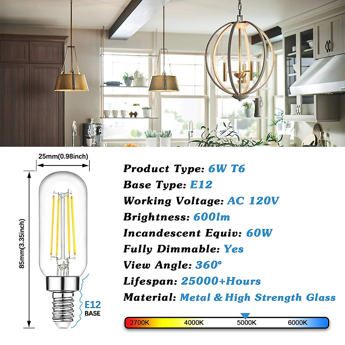 Dimmable E12 Candelabra LED Bulbs 60W Equivalent 6W 600lm, T6 Edison Light Bulbs, 5000K Daylight White, Clear Filament Chandelier LED Light Bulbs, Small Vintage Bulbs for Ceiling Light Fan, 12-Pack