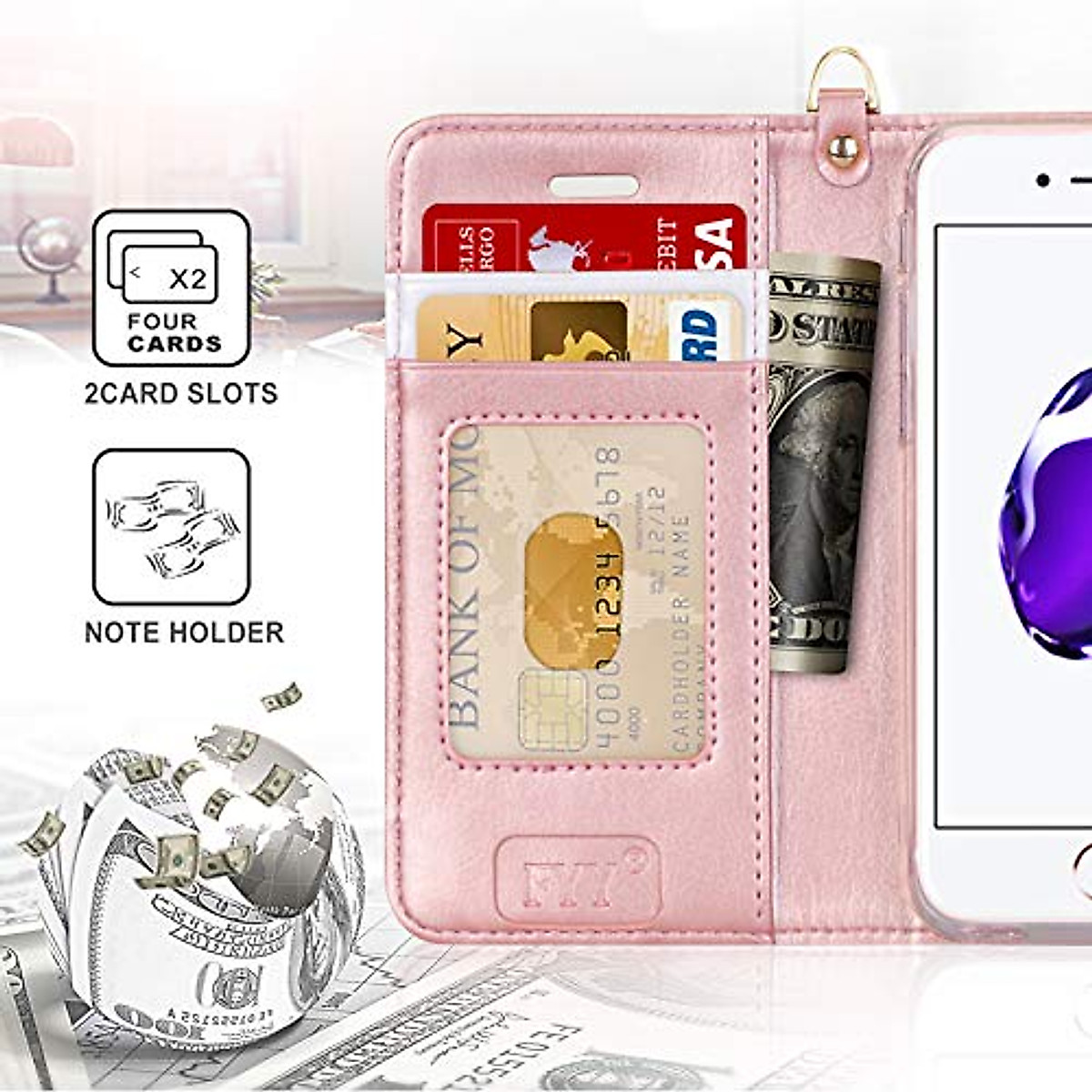 FYY Designed for iPhone SE Case 2022 (3rd Gen) / 2020 (2nd Gen) / 7 / 8 , Luxury PU Leather Wallet Phone Case with Card Holder Flip Kickstand Cover Rose Gold