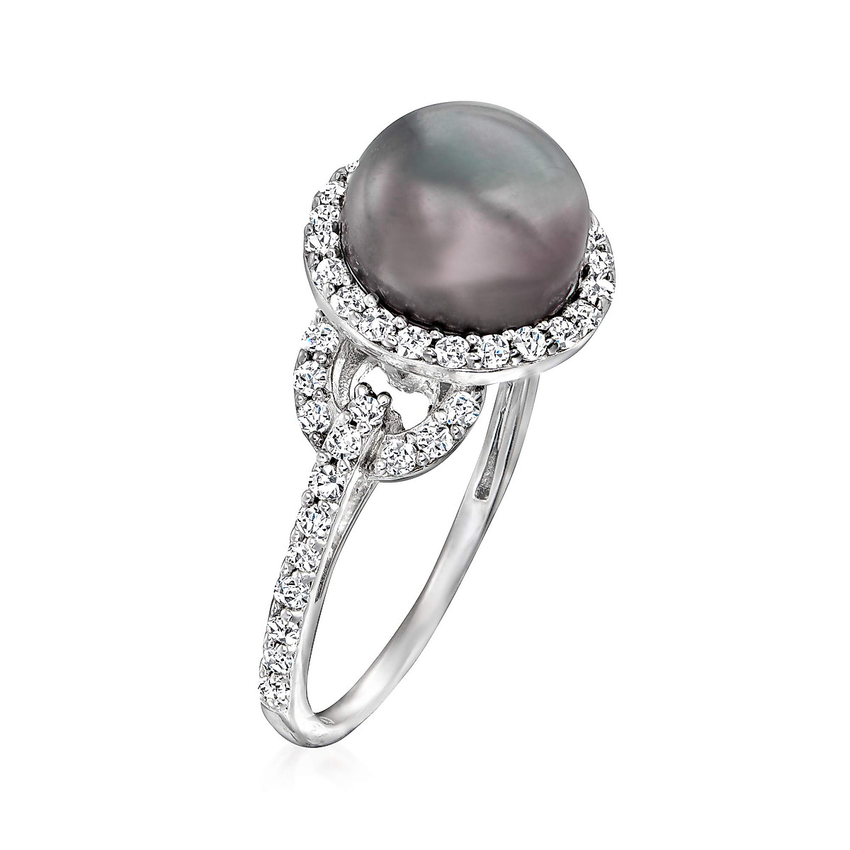 Ross-Simons 8.5-9mm Black Cultured Pearl and .50 ct. t.w. CZ Ring in Sterling Silver. Size 6