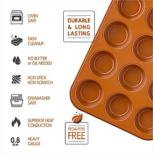 Copper Muffin Pan 12 Cups Non Stick Ceramic Coated Professional Healthy cupcake pans Even Baking, Dishwasher and Oven Safe