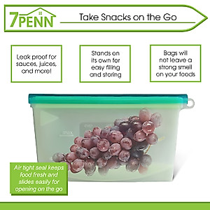 7Penn Silicone Food Storage Bag, 500mL - 1pk Washable 7.75 x 4in Green Reusable Food Bags for Sandwiches and Snacks