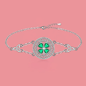 Shamrock Four Leaf Clover Bracelet for Women St Patricks Day Bracelet Sterling Silver Celtic Knot Irish Green 4 Leaf Clover Shamrock Bracelets Jewelry Charm Good Luck Gifts