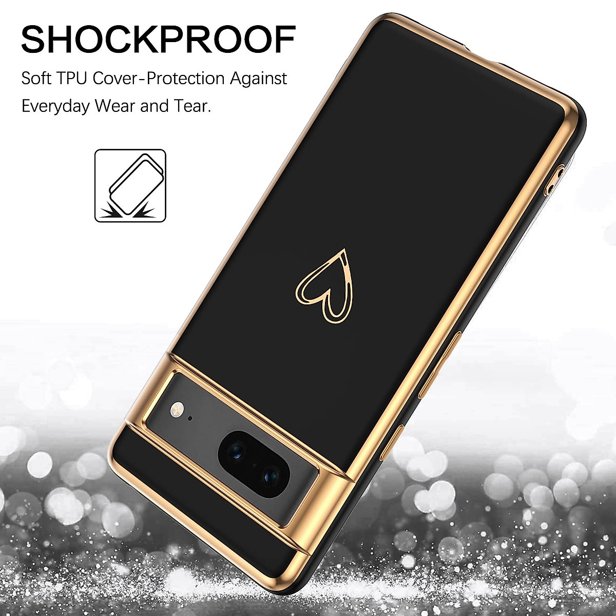 BENTOBEN Google Pixel 7 Protective Case, Heart Plating, TPU, Lightweight, Flexible, Non-Slip, Shockproof, 6.3 Inch, Black