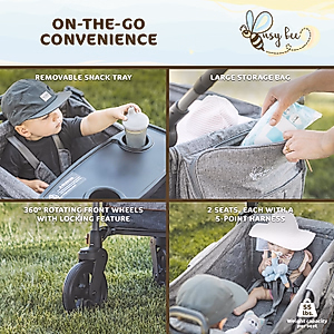 Busy Bee Foldable Wagon Stroller for 2 Kids, Push Pull Collapsible Kids Wagon with Adjustable Handle Bar, Removable Canopy, 5-Point Harness, Shock-Absorbing Wheels, Grey