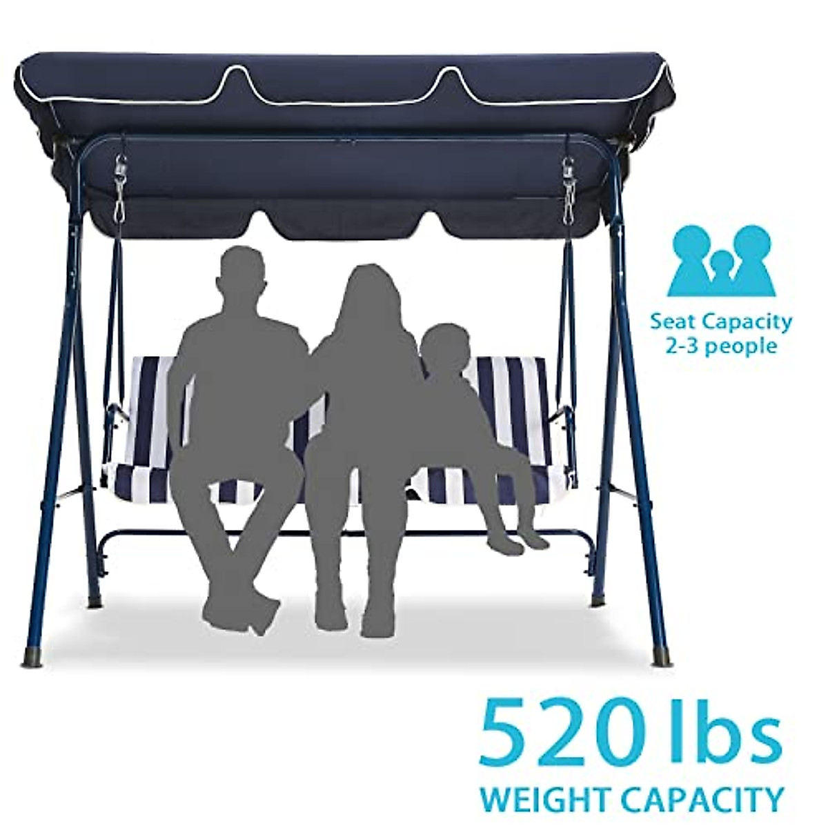 SUPERJARE Porch Swing with Adjustable Height Chain, 70’’ Convertiable Canopy Outdoor Swing, 3 Person Patio Swing, Outside Swing Chair for Yard, Garden, Poolside - Blue and White
