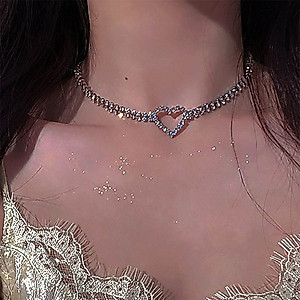 JONKY Rhinestone Choker Necklace Silver Heart Necklaces Crystal Chokers Bling Neck Jewelry for Women (Heart Choker)