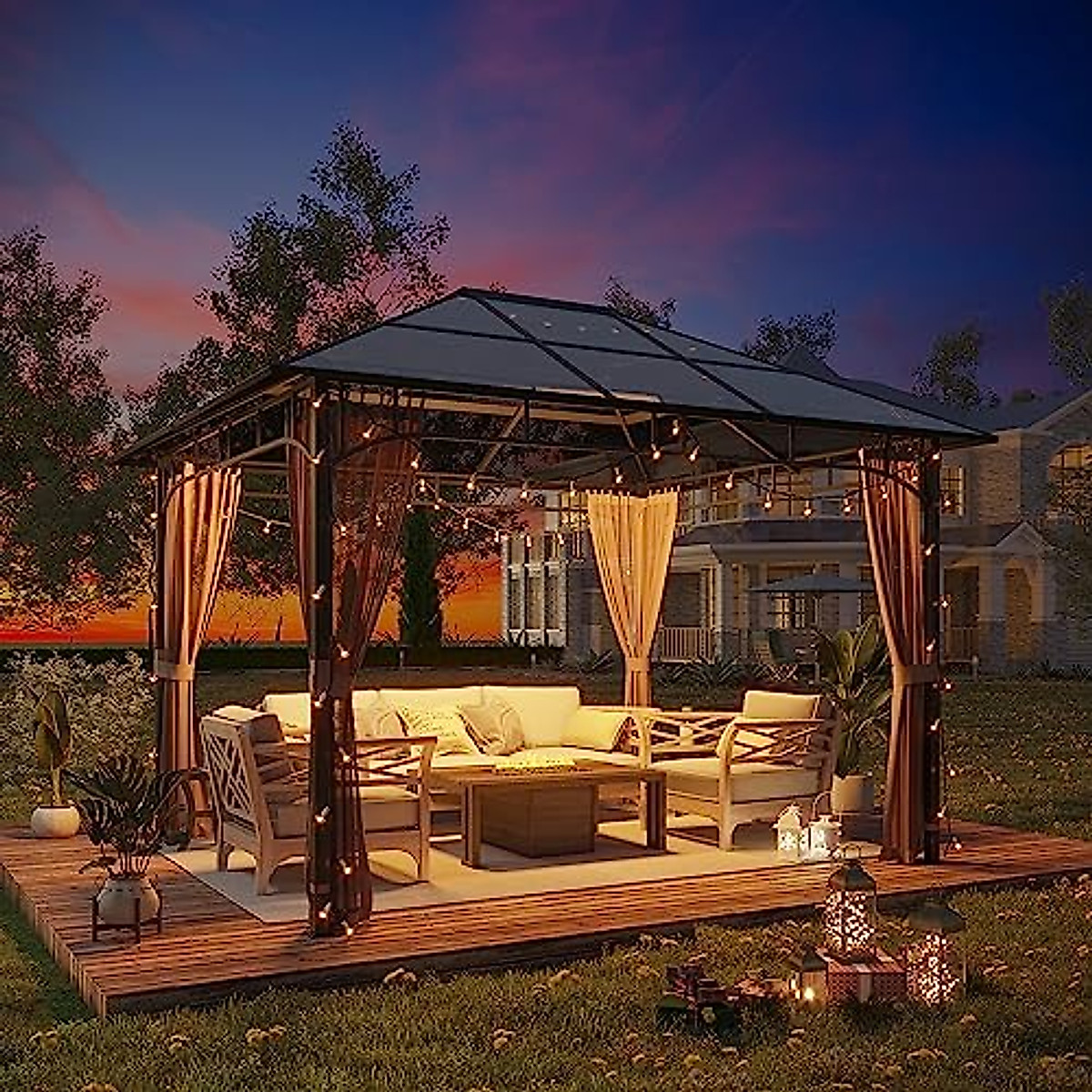 LATTOY 10' X 12' Permanent Hardtop Gazebo, Outdoor Polycarbonate Roof Pavilion Pergola Canopy for Patio, Garden