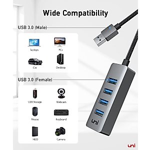 uni USB Hub 4-Port USB Splitter 4FT, High-Speed Portable Aluminum USB 3.0 Hub Compatible with PC, Laptops, Mouse, Keyboard, Flash Drive, Mobile HDD, Car, and More.
