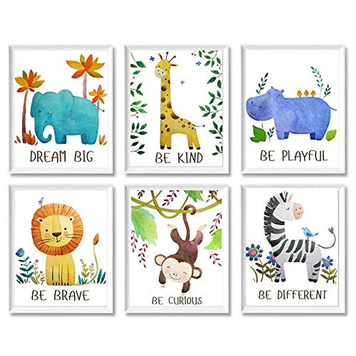 Baby Nursery Decor - Nursery Wall Decor for Baby Room - Jungle Safari Animal Unframed Wall Art -Set of 6 Posters 8x10 - Lion, Giraffe, Elephant, Monkey, Zebra, Hippo with Inspirational Quotes for Boy Girl Toddler Kids