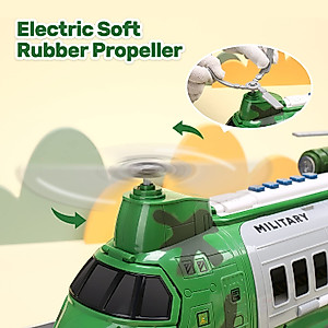 CUTE STONE 2-in-1 Amy Helicopter Toys, Boys Military Toy Friction Powered Helicopter w/Electric Rubber Propeller, Realistic Light & Music, Mini Vehicles, Traffic Road Signs, Vehicle Toy Set for Kids