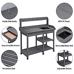 Topeakmart 45.2x17.7x47.6'' (LxWxH) Potting Benches Outdoor Garden Potting Table Work Bench with Removable Sink Drawer Rack Shelves Work Station, Gray
