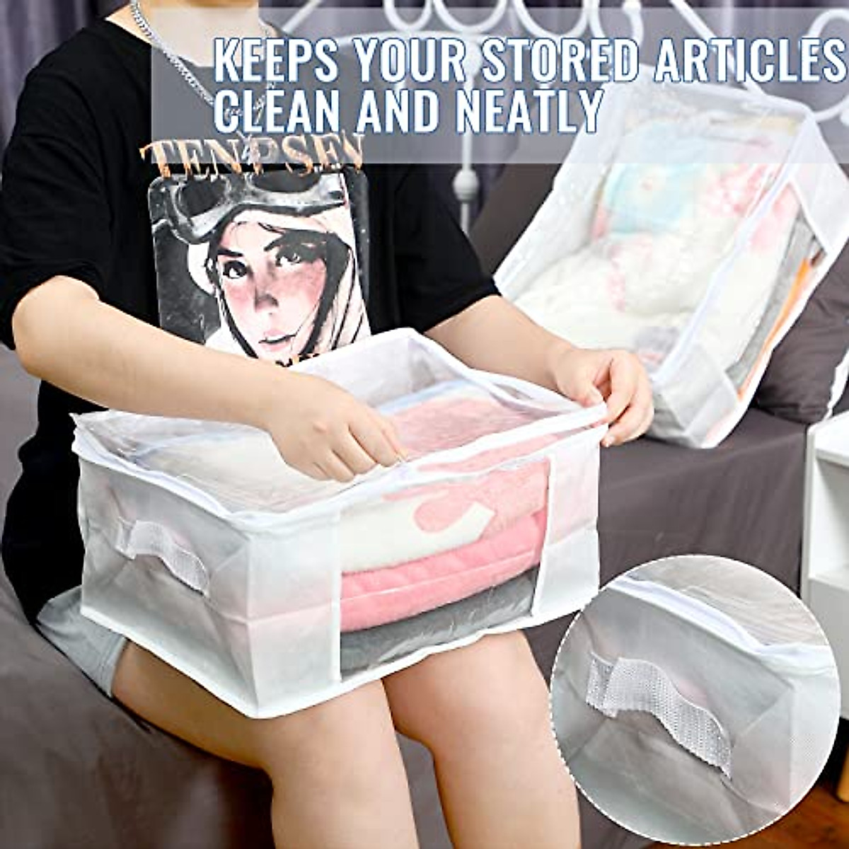 6 Pcs Clear Zippered Storage Bags Plastic Clothes Containers Fabric Blanket Organizer Large Storage Bins with Handles for Bedding Sheets Closet Blankets Toys (White, 16 x 12 x 8 Inch)