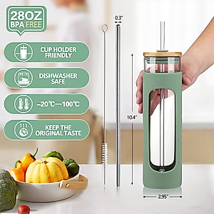 Kodrine 28oz Glass Water Bottles with Straw and Bamboo Lid, Wide Mouth Water Tumbler with Time Marker,Straw Silicone Protective Sleeve BPA FREE-Olive