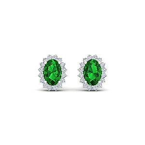 Diamondere Natural and Certified Oval Cut Emerald Halo Diamond Petite Earrings in 14K White Gold | 1.13 Carat Earrings for Women