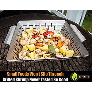 Cave Tools Vegetable Grill Basket - Large Non Stick BBQ Grid Pan for Vegetables, Meat, Fish, Shrimp, & Fruit - Dishwasher Safe Stainless Steel - BBQ Grill Accessories