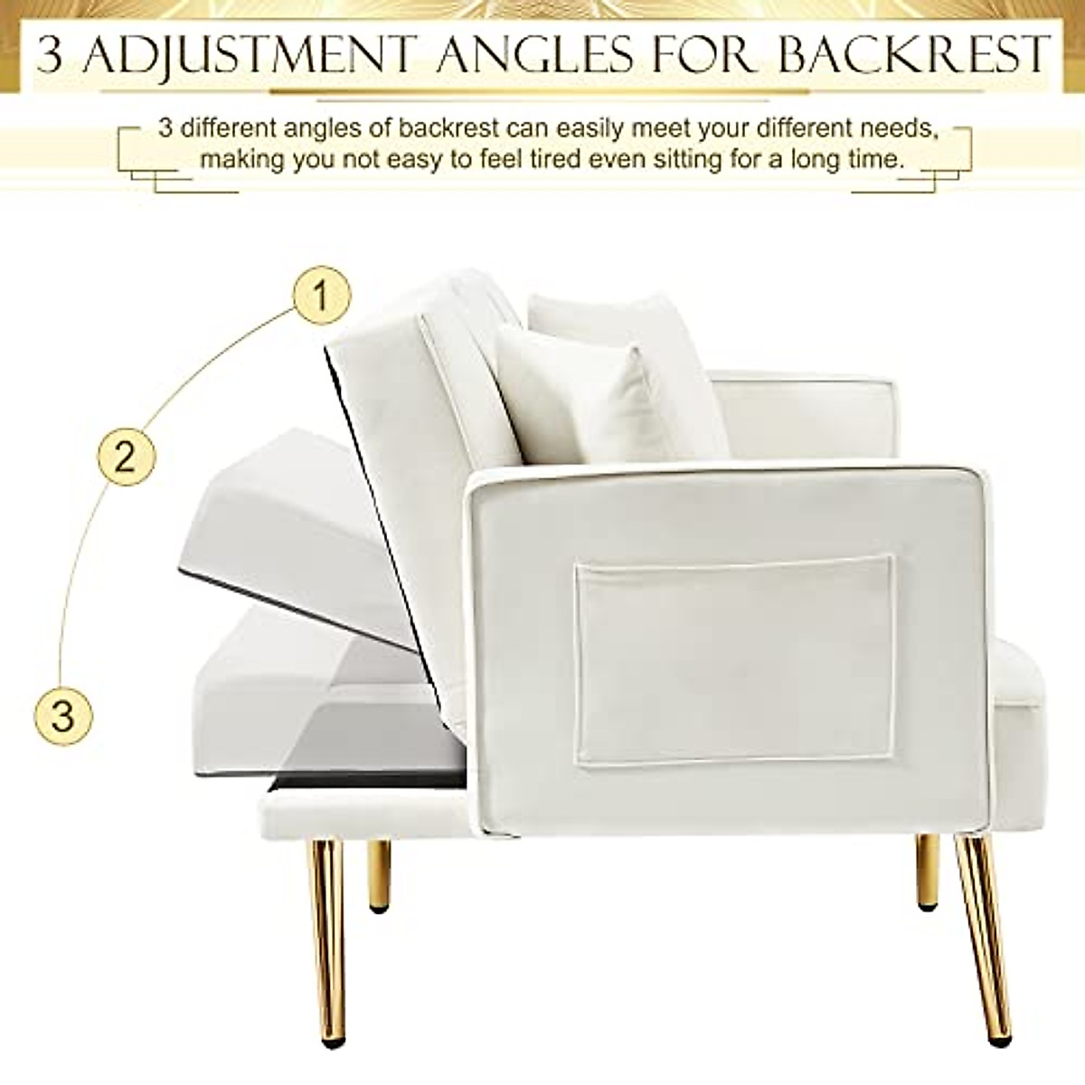 Obuvar Convertible Velvet Futon Sofa Bed, Upholstered Modern Sleeper Sofa with 2 Cup Holders, Modern Living Room Loveseat Couch with 3 Adjustable Angles and 6 Metal Legs, Off White (Line Backrest)