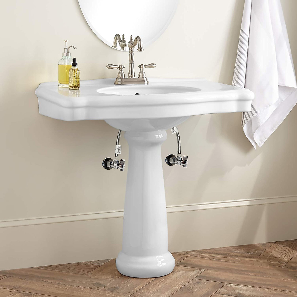 Complete Set 1/2 in. NOM Inlet x 3/8 in. OD Compression Outlet Angle Shut Off Valve + Escutcheon Plate + 20" Long Stainless Steel Braided Faucet Water Supply Line (2 Pack)