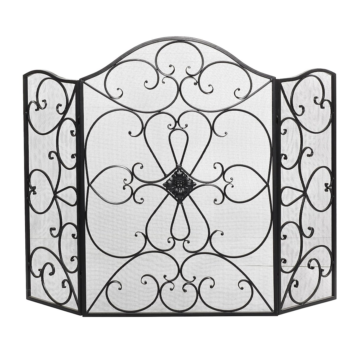 Deco 79 Metal Scroll Foldable Mesh Netting 3 Panel Fireplace Screen, 48" x 1" x 38", Brown