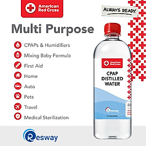Resway American Red Cross Distilled Water | Travel Bottles for Resmed, Respironics Machines, Personal Humidifier | Medical Supplies for Vacation | Travel-Friendly, Clean | 16.9oz H2O (12 Pack)