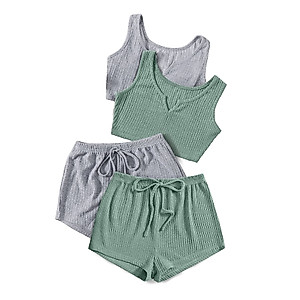 Milumia Women's 4 Pieces Ribbed Knit Crop Tank Top and Drawstring Waist Shorts Pajama Set Loungewear Grey and Green X-Large