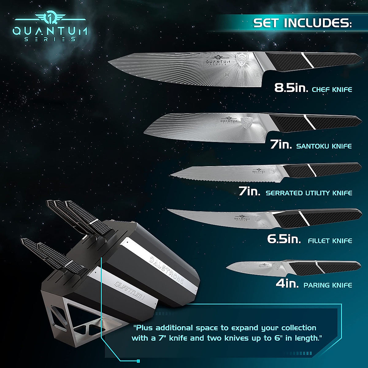 Dalstrong Knife Block Set - 5 Piece - Quantum 1 Series - American Forged BD1N-VX Hyper Steel - Carbon Fibre G10 Hybrid Handle - Professional Kitchen Set - Knife Set