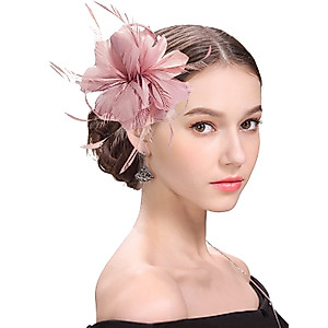 ELLYDOOR Fascinator Hats for Women Feather Flower Hair Clip Brooch Wedding Tea Party Hat Kentucky Derby Headwear Nude Pink One Size