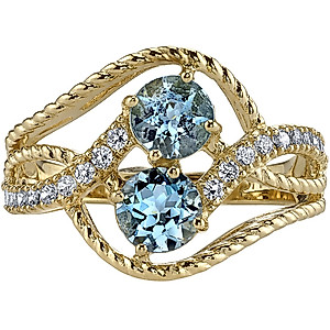 PEORA Aquamarine Two-Stone Ring for Women 14K Yellow Gold, Natural Gemstone, 1 Carat total Round Shape, Size 9
