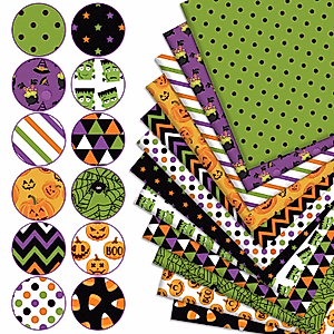 Whaline 12Pcs Halloween Cotton Fabric Bundles 18 x 22 Inch Spider Web Pumpkin Monster Fat Quarters Green Purple Black Orange Quilting Patchwork Squares Sewing Fabrics for DIY Craft Party Decor