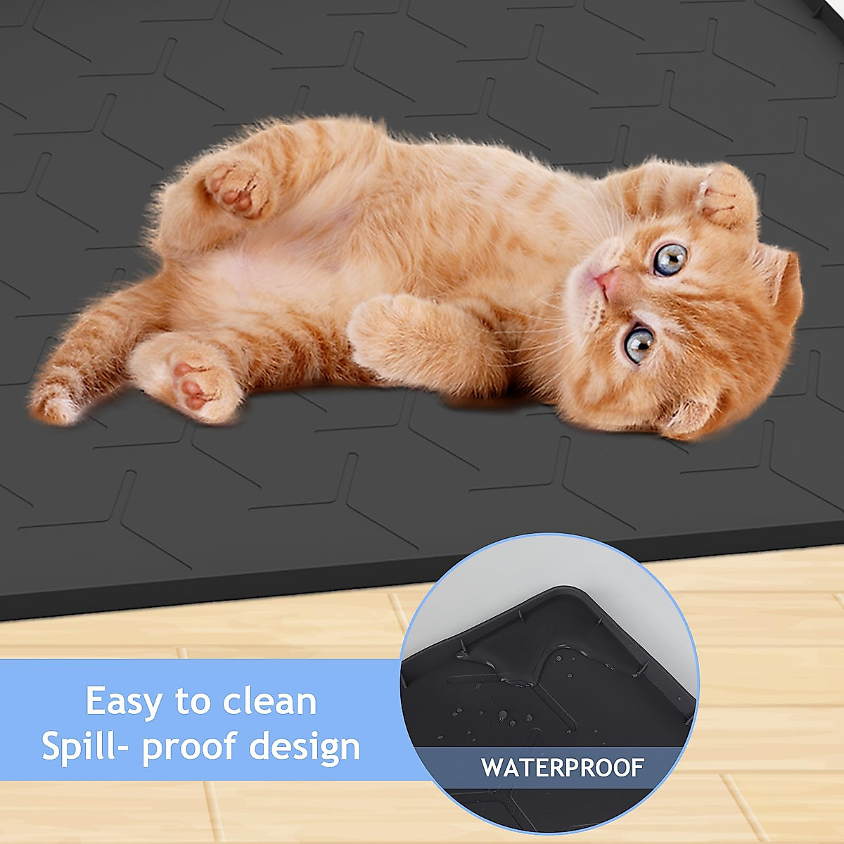 Large Silicone Cat Litter Mat: Easy to Clean Cat Litter Mat Soft and Waterproof Litter Box Mat (22"X34"- Black)