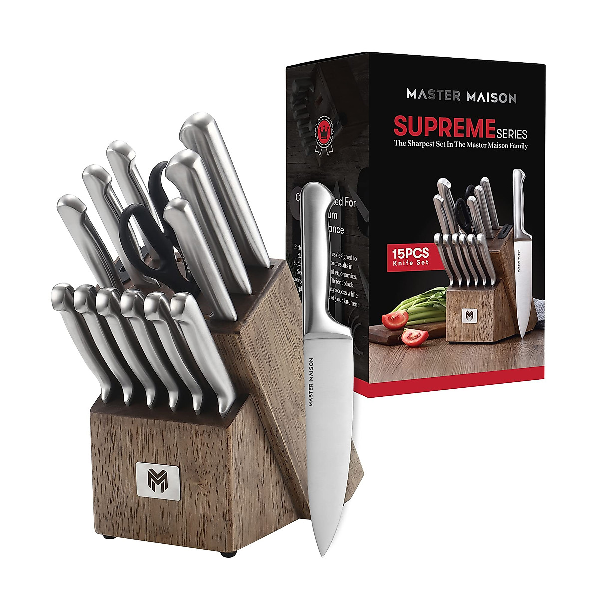 Master Maison Stainless Steel Kitchen Knife Set With Knife Block & Bonus Cleaver | German Stainless Steel Knives With Knife Sharpener & 6 Steak Knives | Butcher Block Knife Sets For Kitchen