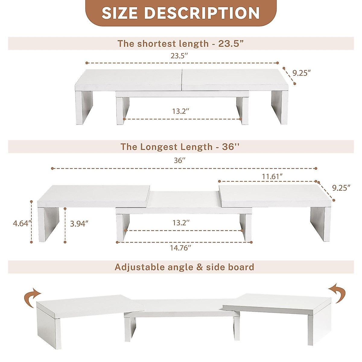 SUPERJARE Dual Monitor Stand Riser, Adjustable Length and Angle Multi Screen Stand, Desktop Stand Storage Organizer for Laptop Computer/TV/PC/Printer- White