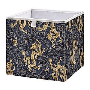 Kigai Vintage Chinese Dragon Cube Storage Bins - 11x11x11 In Large Foldable Storage Basket Fabric Storage Baskes Organizer for Toys, Books, Shelves, Closet, Home Decor