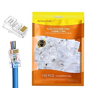 RJ45 Cat5 Cat5e Connectors End Pass Through Gold Plated 8P8C UTP Ethernet Network Plug(100Pack)