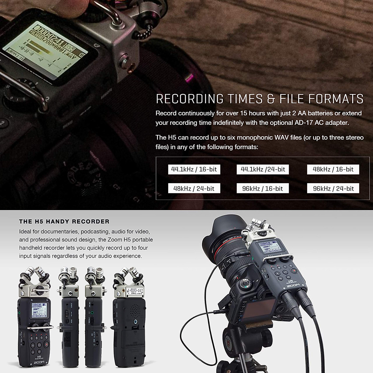 Zoom H5 4-Input / 4-Track Portable Handy Recorder with Interchangeable X/Y Mic Capsule + 32GB Memory Card + Lavalier Condenser Microphone + 4 AA Batteries & Charger + Tabletop Tripod/Handgrip