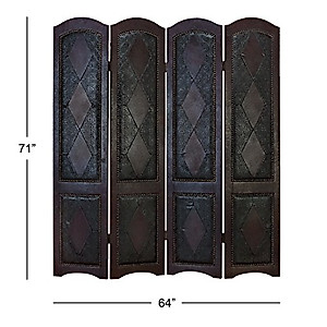 Deco 79 Faux Leather Scroll Partition Room Divider Screen Hinged Foldable Partition 4 Panel Privacy Screen with Faux Leather Detailing, Room Partition 64" x 1" x 71", Brown