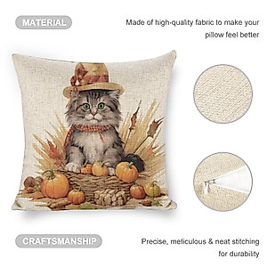 Cute Cat Autumn Pumpkin Throw Pillow Covers 18×18 Pillowcases Set of 1 Thanksgiving Day Linen Decorative Square Pillow Case Cushion Covers Standard Size for Sofa Couch Outdoor Bed Pillow Protectors