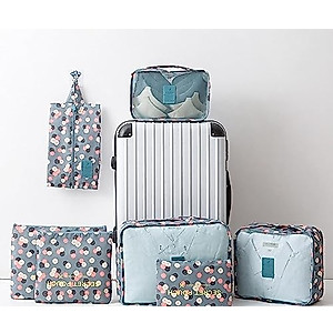 Laebevon 7 Set Packing Cubes with Shoe Bag Travel Luggage Organizer, Blue Flower)