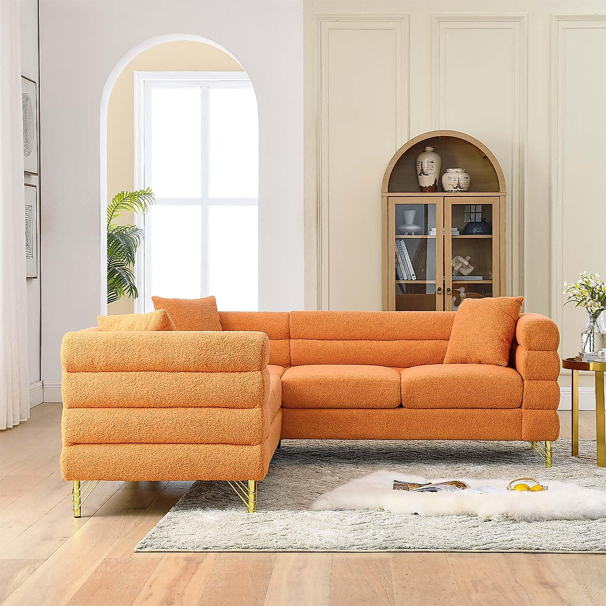 Antetek L-Shaped Sectional Couches, Modern Teddy Fabric Upholstered Chaise Lounge Sofa Couch with Square Arm and 4 Golden Metal Legs for Living Room, Office, Orange