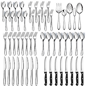 53-Piece Silverware Set with Steak Knives Serving Utensils, E-far Stainless Steel Flatware Cutlery Set for 8, Modern Tableware Eating Utensils for Restaurant Kitchen, Mirror Polished, Dishwasher Safe